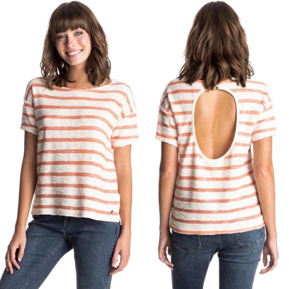 Roxy | Tops | Roxy Coral Striped Open Back Knit Short Sleeve Tee Xs French Terry Beach Keyhole ...